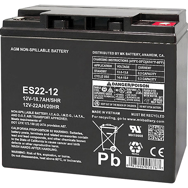 MK Battery ES22-12 - 12 Volts, 22 Amp Hours (20 Hours) Small Sealed Battery