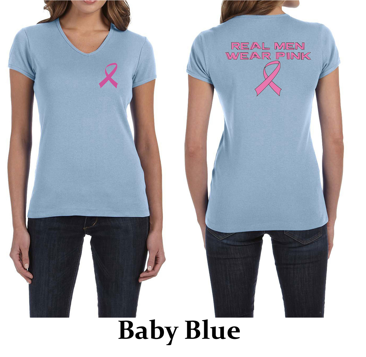 Ladies Shirt Pink Ribbon Real Men Front & Back Print V-neck Tee T-Shirt ...