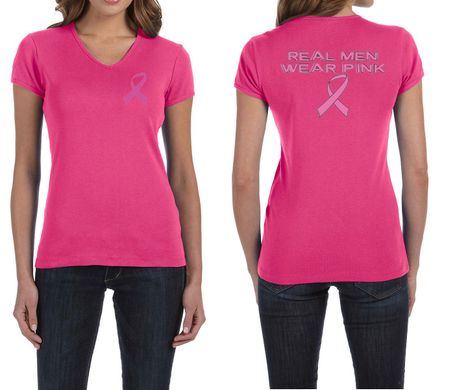 Ladies Shirt Pink Ribbon Real Men Front & Back Print V-neck Tee T-Shirt ...