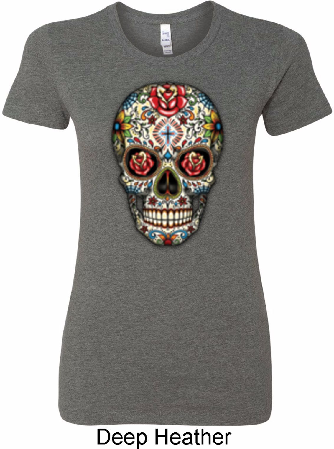 Ladies Skull Shirt Sugar Skull with Roses Longer Length Tee T-Shirt ...