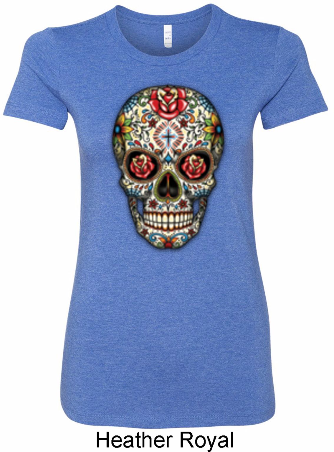 Ladies Skull Shirt Sugar Skull with Roses Longer Length Tee T-Shirt ...
