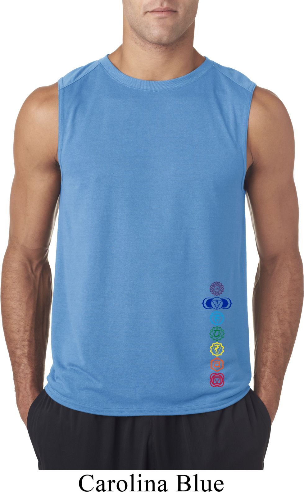 Mens Yoga Shirt Colored Chakras Bottom Print Sleeveless Tee T-Shirt ...