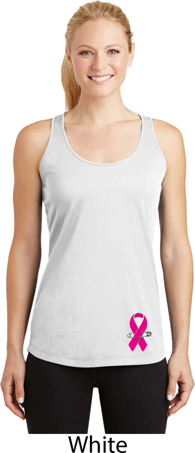 Pink Ribbon Pin Bottom Print Ladies Dry Wicking Racerback Tank Top ...