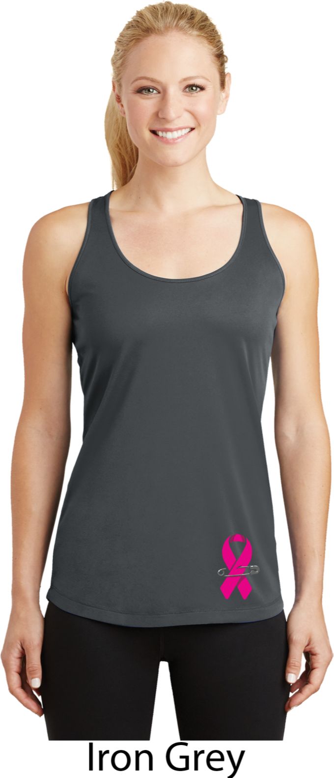 Pink Ribbon Pin Bottom Print Ladies Dry Wicking Racerback Tank Top ...