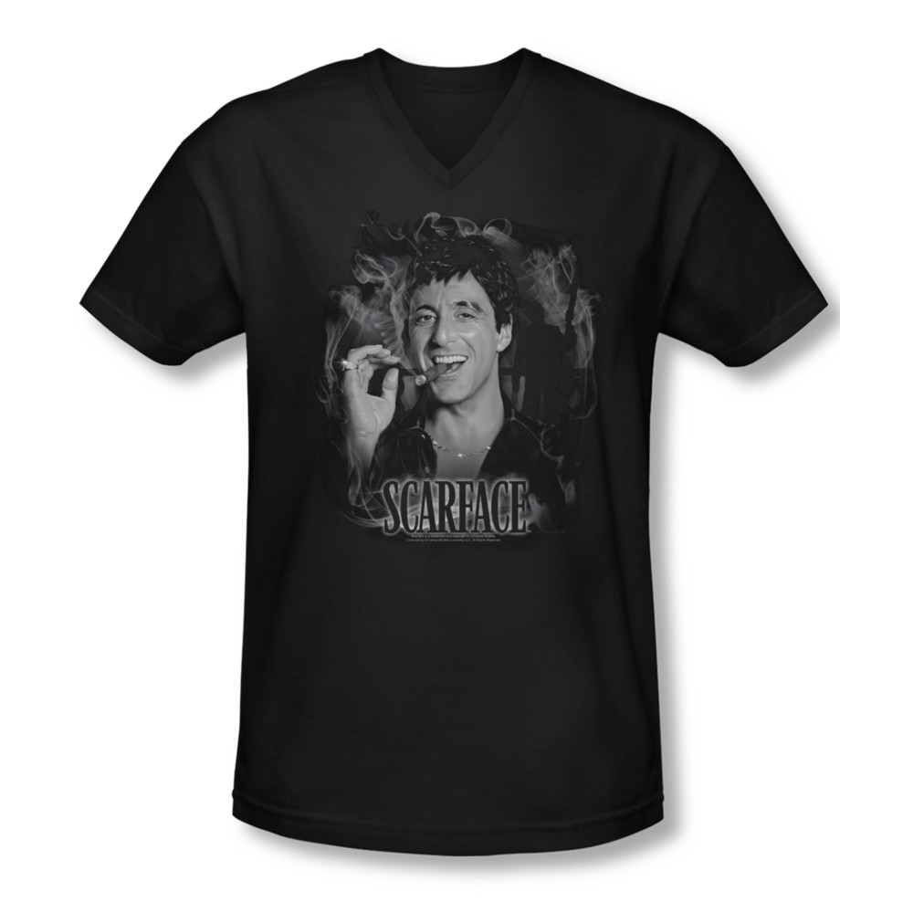 Scarface Shirt Slim Fit V Neck Smokey Scar Black Tee T-Shirt - Scarface ...