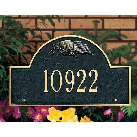 Metal Address Plaque With Waving Flag In Arch For Wall or Optional Lawn ...