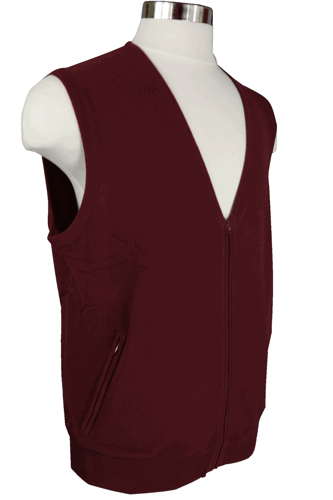 Men's Cashmere Cardigan Zip Vest, 2-pocket with zipper (Burgundy)
