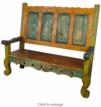Mexican Painted Wood Captain's Bench - Oversized Mexican Bench