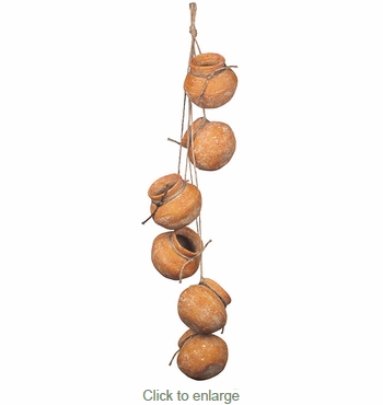 Set of 2 - Dangling 6 Small Clay Pots on Rope